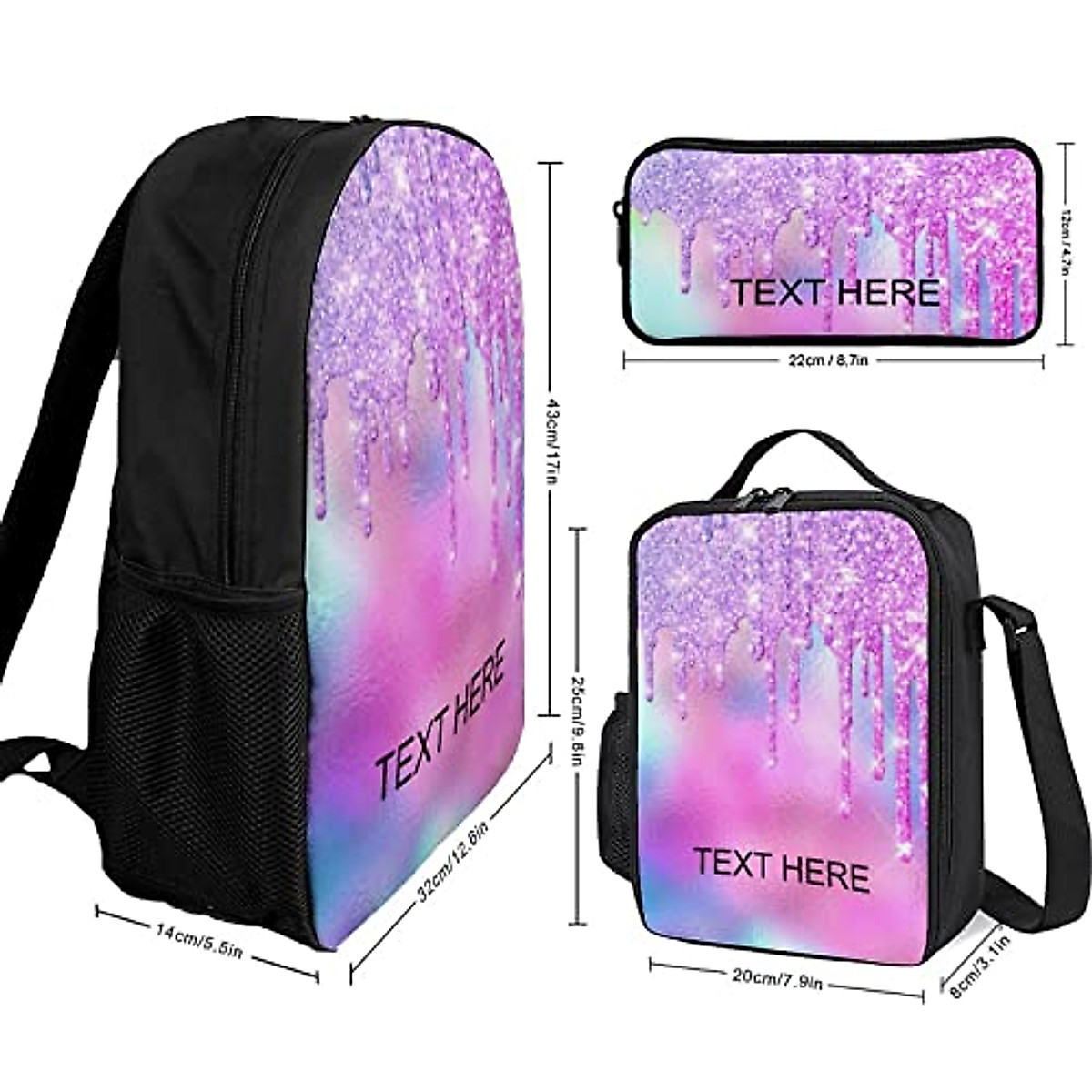 Aicihert Custom Pink Glitter Pattern Backpack Personalized 3 Piece Set Backpack with Your Name Text School Bag Customized Bookbag with Lunch Box And Pencil Case Set for Boys Girls