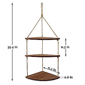 Sand Mine 3 Tier Wood Hanging Corner Shelf, Floating Wall Swing Storage Shelves, Wall Shelf Plant Shelf Rope Shelf Storage Shelf Swing Shelf Floating Shelves Handmade Shelves, Dark Brown