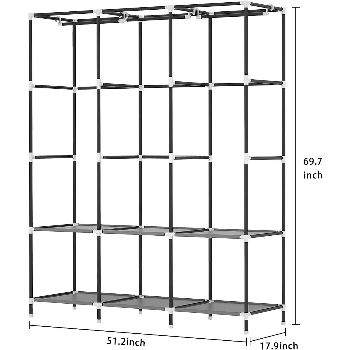 LOKEME Portable Closet, Wardrobe Closet with 3 Hanging Rods and 6 Storage Shelves, Gray Closet, Easy to Assemble Portable Closets for Hanging Clothes with 4 Side Pockets, PWC0006-GRAY