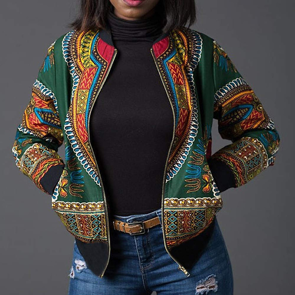 DONTAL Women Dashiki Coat Retro Long Sleeve African Print Short Casual Jacket Autumn Outwear Green