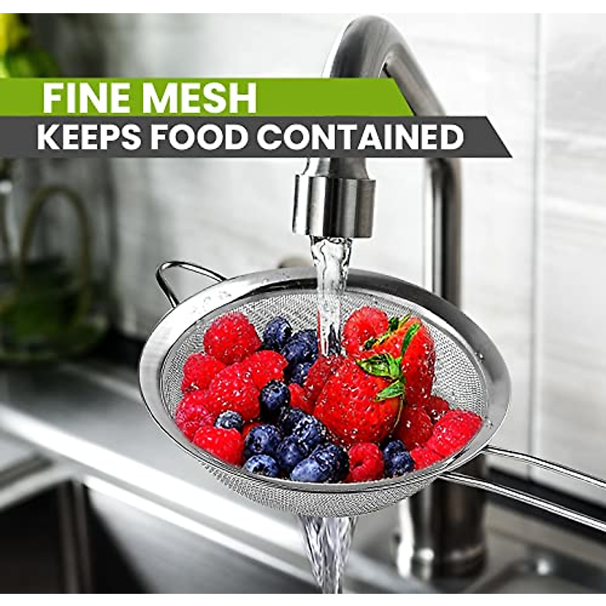 Kafoor Set of 2 Stainless Steel Mesh Strainers for Kitchen - 6.3 inch Large Fine Mesh Strainer & 3.3 inch Small Strainer Fine Mesh - Ideal to Sieve Pasta Noodles, Quinoa, Tea, Coffee, Juices, Flour