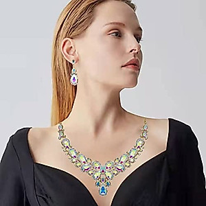 QYJ Women’s Wedding Bridal Austrian Crystal Glass Teardrop Statement Necklace Dangle Earrings Bracelet Ring Wedding Party Jewelry Set for Bridal Bridesmaid (AB Crystal-Gold Plated)