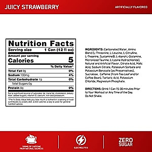 Optimum Nutrition Amino Energy Drink + Electrolytes for Hydration - Sugar Free, Amino Acids, BCAA, Keto Friendly, Sparkling Drink - Juicy Strawberry, Pack of 12 (Packaging May Vary)