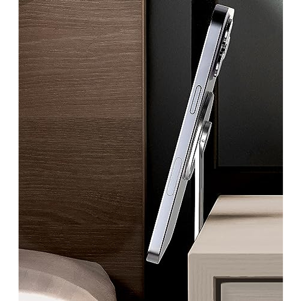 GALVANOX Magnetic Phone Holder, Fold-Away Swivel Stand Compatible with MagSafe for iPhone 12, 13, 14, 15 Pro Max | Bedroom Nightstand, Desk, Kitchen and More (Low Profile Sidemount/Under-Mount)