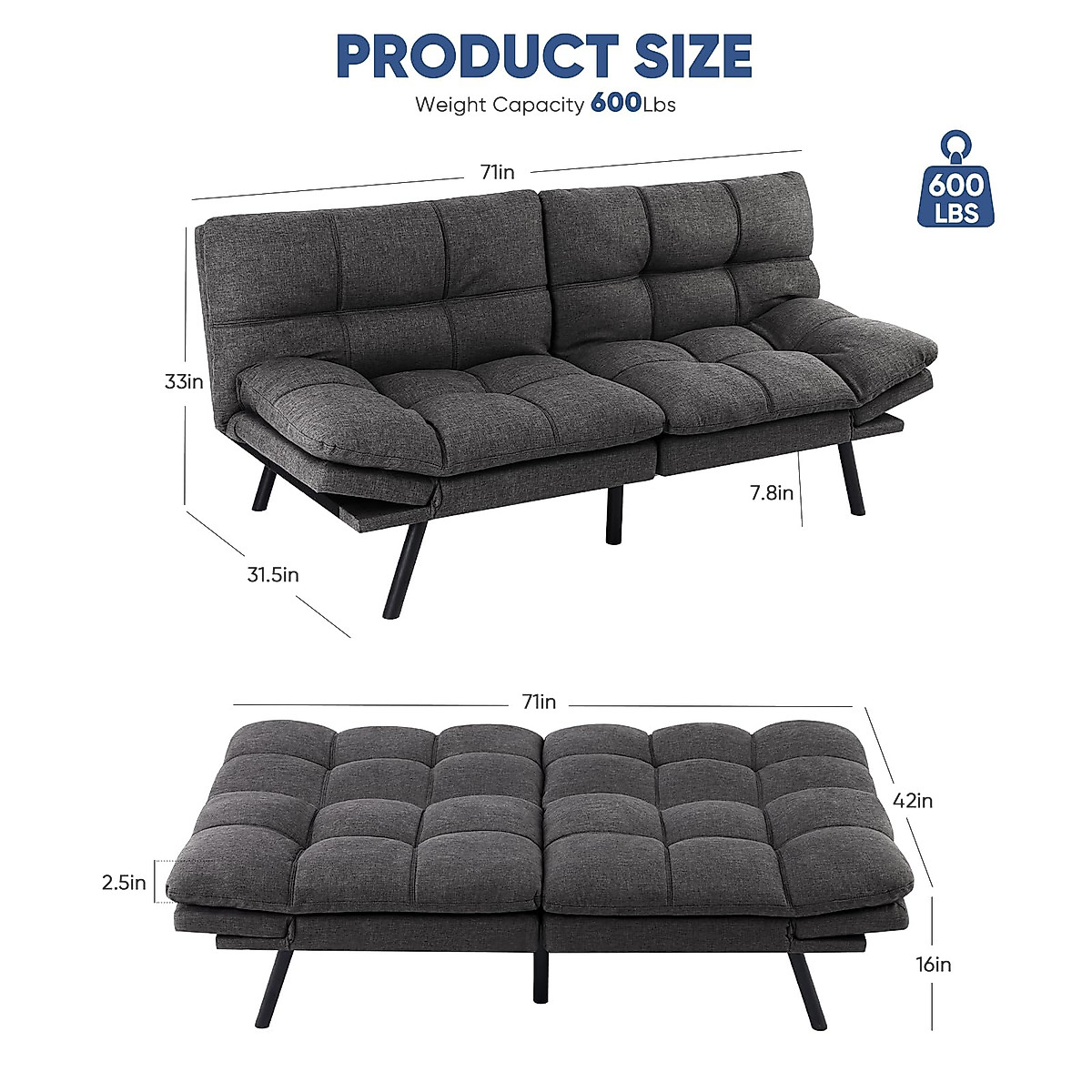 DUMOS Sleeper Futon Sofa Couch Bed, Memory Foam Couch, Convertible Living Room Couch, Apartment, Studio, Office, Meeting Room, Light Grey