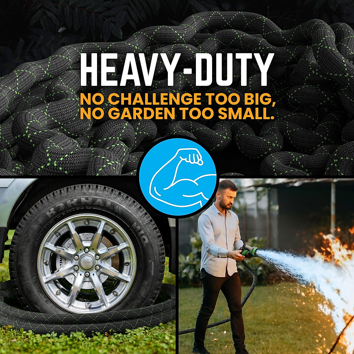 PowerFlow Garden Hose, NON-EXPANDABLE 50 Feet Premium Quality Stainless Steel Metal Water Hose with Durable Fabric Skin, Hose For Commercial, Residential Use, Bonus 10-way Spray Nozzle (50 Ft, Black)