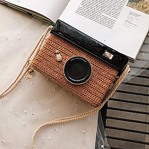 TENDYCOCO Crossbody Bag Camera Shaped Straw Woven Bag Mini Shoulder Bag for Women (Brown)