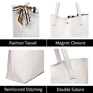 Women's Tote Shoulder Bag PU Leather Big Capacity Tassel Handbag (L, White)