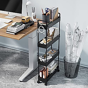 SOLEJAZZ Slim Storage Cart, 4 Tier Bathroom Organizer Mobile Shelving Unit, Rolling Utility Cart Slide Out Organizer for Kitchen, Bathroom, Laundry, Narrow Places, Black