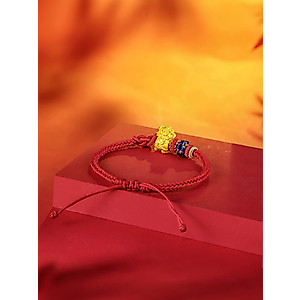 ZHOU LIU FU 24K Solid Gold Bracelet for Women, Real Pure Gold Jewelry Dainty Fortune Pixiu Ball Dragon Turtle Adjustable Red Black Braided Bracelet for Men Girlfriend