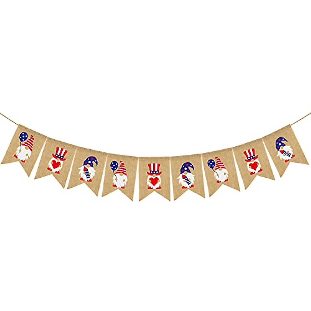 Doumeny 4th of July Burlap Banner, American Gnome Patriotic Rustic Banner Bunting USA Independence Day Bunting Garland American Stars Banner Flag for Memorial Veterans Days Labor Day Mantel Fireplace