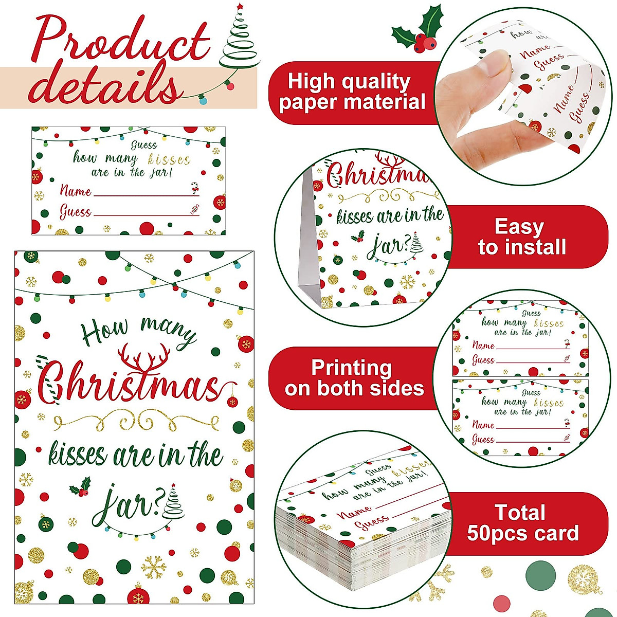 Christmas Party Game How Many Kisses Bridal Shower Game Wedding Shower Decorations Including 1 Standing Sign and 50 Guess How Many Cards for Christmas Party Bridal Shower Wedding Festive Holiday