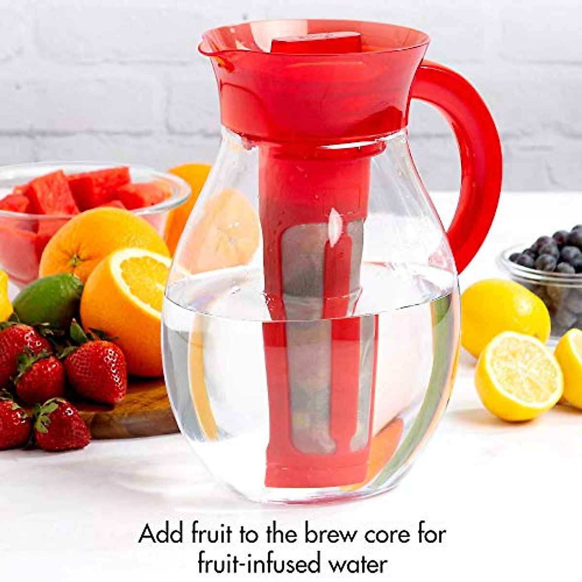 Primula The Big Iced Tea Maker Tritan Plastic Infusion Beverage Pitcher with Leak Proof, Airtight Lid, Fine Mesh Resuable Filter, Manufactured without PFOA, Dishwasher Safe, 1-Gallon, Red