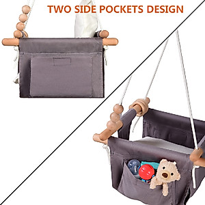 Baby Hammock Swings, Canvas Baby Hanging Swing with Safety Belt & Cotton Cushion Seat, Hanging 2 Side Pockets Safe Outdoor Swings
