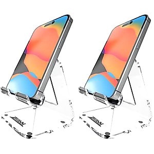 ZAW Acrylic Cell Phone Stand, Office Desk Accessories Clear Phone Stand for Desk, 4MM Acrylic Phone Holder, Compatible with iPhone 14 Pro, Samsung S21 S20 Smartphones (2xPack)