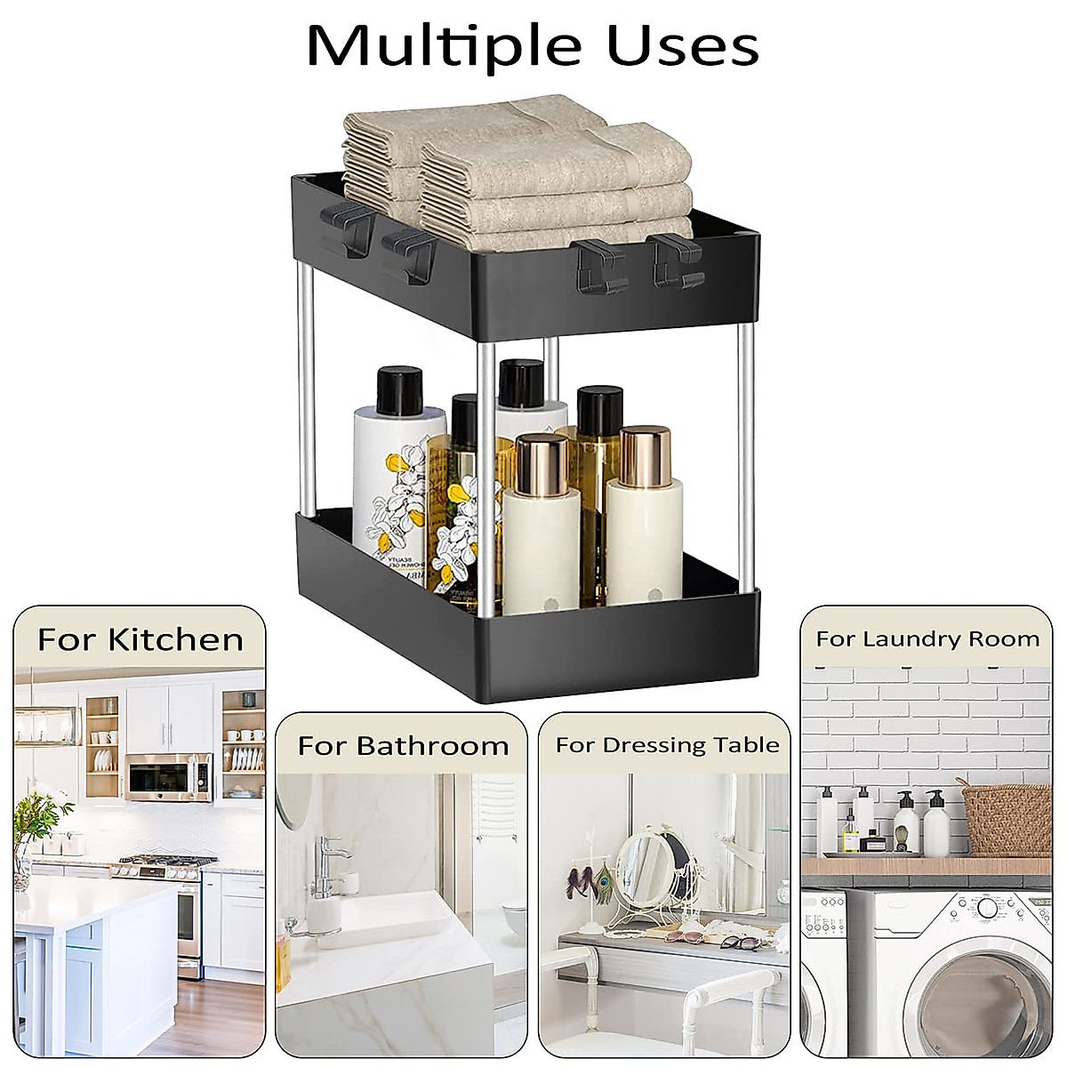 Under Sink Organizers and Storage, 2 Tier Storage Under Cabinet Bathroom Kitchen Organization and Storage with 4 Hooks, Multi-Purpose Under Sink Storage for Bathroom Kitchen, Black