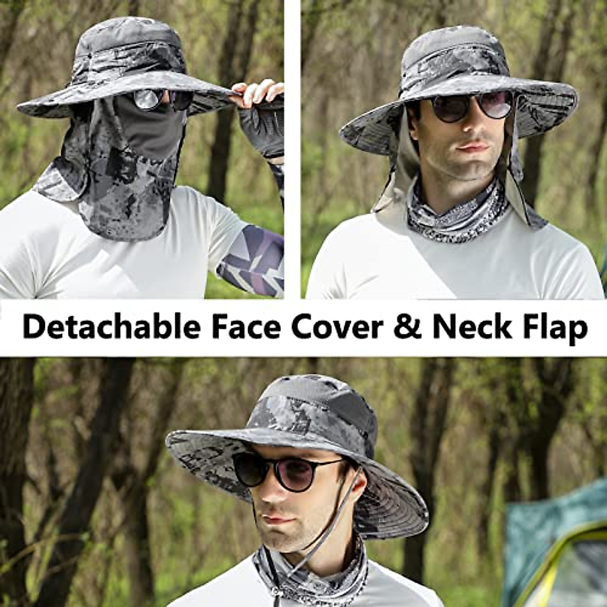UPF 50+ Sun Fishing Hat for Men Women Wide Brim Hat with Detachable Face Cover & Neck Flap