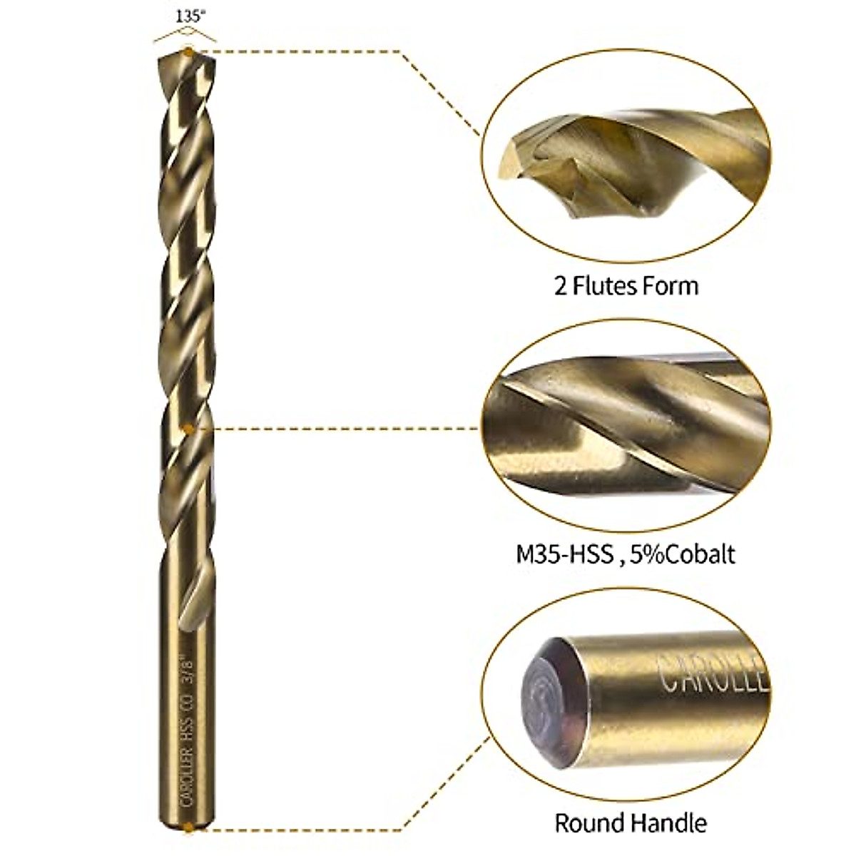 CaRoller Drill Bit Set - M35 Cobalt Drill Bit - 15 Pcs High Speed Steel Twist Jobber Length Drill Set 1/16"-3/8" for Hardened Metal, Stainless Steel, Cast Iron, Wood and Plastic with Round Shank