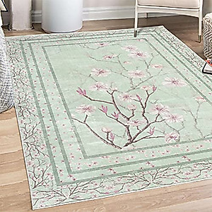Ambesonne Apple Blossom Decorative Rug, Flowers and Blooming Spring Season Branches Nature Garden Romance, Quality Carpet for Bedroom Dorm and Living Room, 5' 1" X 7' 5", Mint Green and Pink