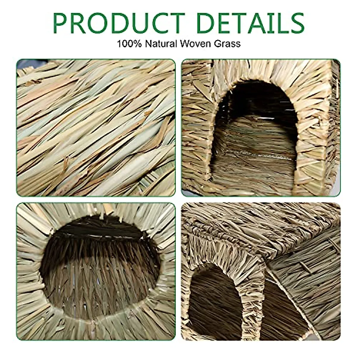 BWOGUE Large Grass House for Guinea Pigs,Hand Woven Straw Hut Foldable Small Animal Play Hideaway Bed with Double Openings Playhouse for Bunny Guinea Pig Chinchilla Ferret
