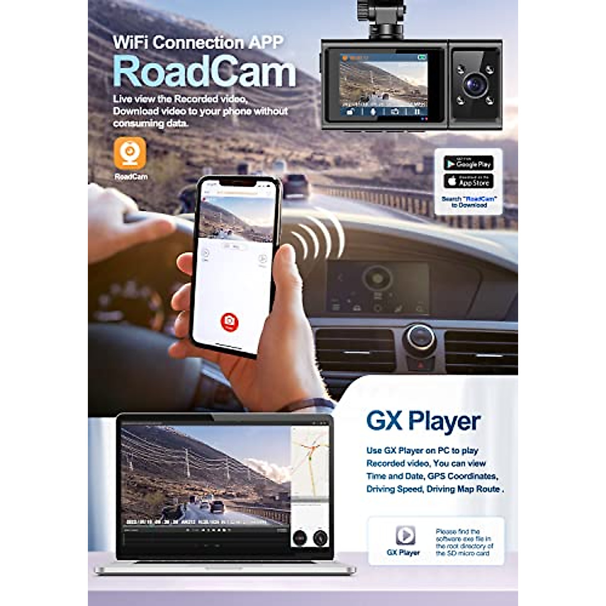 3 Channel 4K Dash Cam for Cars, 4K+2.5K Front and Rear Cabin, 1440P+1440P+1080P Triple Car Camera,Included 64GB Card, with GPS and WiFi Wireless , IPS Screen,24 Hour Parking Mode, APP,Night Vision,WDR