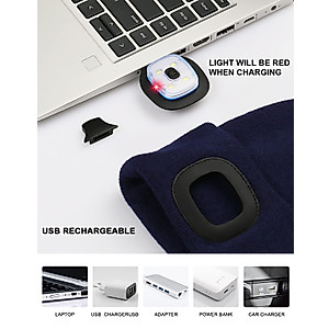 MELASA Unisex Kids LED Beanie, USB Rechargeable Hands Free Headlamp Hat, Night Flashlight Hat, Gifts for Kids Boys Black