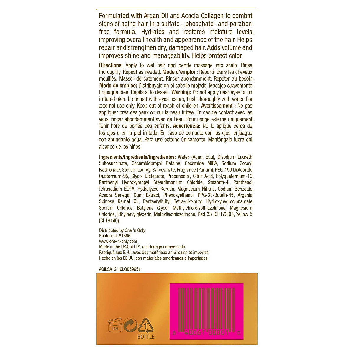 One 'n Only Moisture Repair Shampoo with Argan Oil, Rebalances Hair Moisture Levels, Adds Volume and Shine, Repairs Damage from Chemicals and Heat Styling, 33.8 Fl. Oz