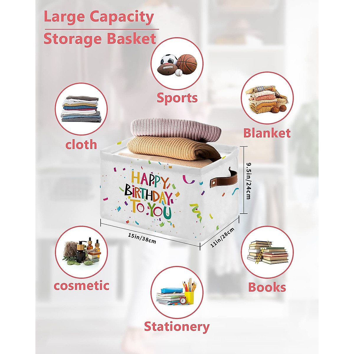 Happy Birthday to YOU Waterproof Fabric Storage Basket for Organizing Bedroom Bathroom Laundry Room Collapsible Storage Bins Birthday Party Gifts Decorative Shelf Basket for Gifts Empty