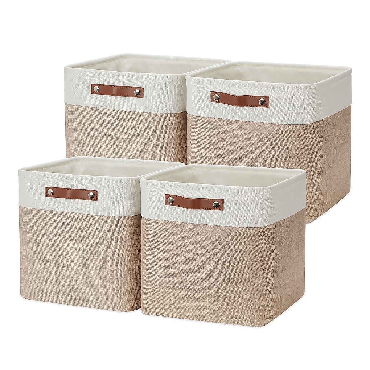 DULLEMELO Collapsible Bundle Baskets 2 Narrow Baskets 15"x6"x5.5" + 4 Cube Baskets 13"x13"x13"（White&Khaki)