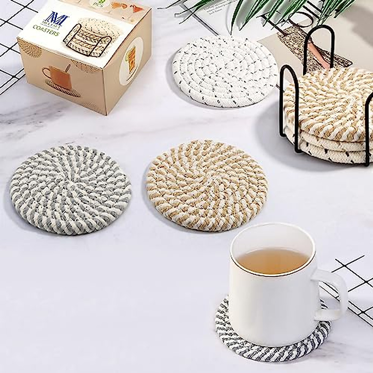 MeltsetM Coasters for Drinks Absorbent Woven Coaster Set with Holder Farmhouse Cute Cloth Fabric Cup Coasters for Coffee Table Office Desk, Handmade Boho Decor Tabletop Protection, 8 Pack