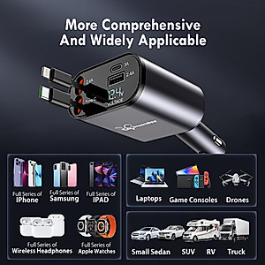 DreamBee Retractable Car Charger,66W 4 in 1 Super Fast Charge Car Phone Charger,Retractable Cables (31.5 inch) and 2 USB Ports Car Charger Adapter for iPhone 15/14/13/12 Pro Max XR,iPad,Samsung,Pixel