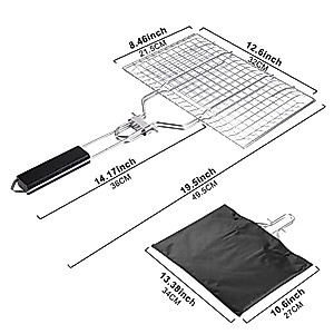 Stainless Steel Grill Basket Barbecue Grill Basket Portable Grill basket with Removable Handle,Perfect for Grilling Vegetables Fishes Shrimp Steak meat and more with Carrying Pouch,A Useful BBQ Tool