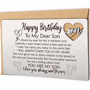 YODOCAMP Happy Birthday Son Gifts, Son Birthday Card from Mom, Metal Engraved Greeting Card for Son Birthday, Son Wallet Insert Card from Parents