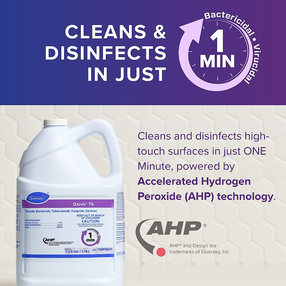 Oxivir Diversey 100898636 Tb One-Step Disinfectant Cleaner, Hospital Grade Accelerated Hydrogen Peroxide AHP, No Fragrance Added, Ready-to-Use Liquid, 1-Gallon (Pack of 4)