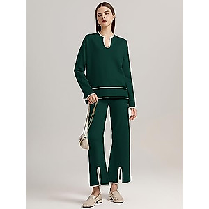 SuperPrity 2 Piece Sweater Sets for Women Winter Wide Leg Pants Knit Outfits Set Comfy Long Sleeve Lounge Wear Sweatsuit Set-L,Dark Green