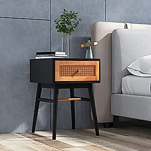 Giantex Rattan Nightstand Set of 2, Boho End Side Table with Rattan Decorated Storage Drawer & Solid Wood Legs, Mid-Century Modern Bedside Table for Bedroom Small Space, Easy Assembly, Black