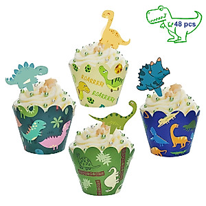 48Pcs Dinosaur Cupcake Toppers and Wrappers, Reversible Cupcake Liners with Dinosaur Picks - Cute Mini Cake Decorations for Baby Shower, Birthday Party - Jurassic World Theme Dino Party Supplies Decor