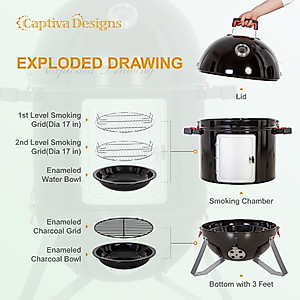 Captiva Designs 18-inch Vertical Charcoal Smoker Grill with Porcelain-Enameled Smoking Chamber, Wood Mountain Smoker for Meat Turkey and BBQ, with Built-in Thermometer