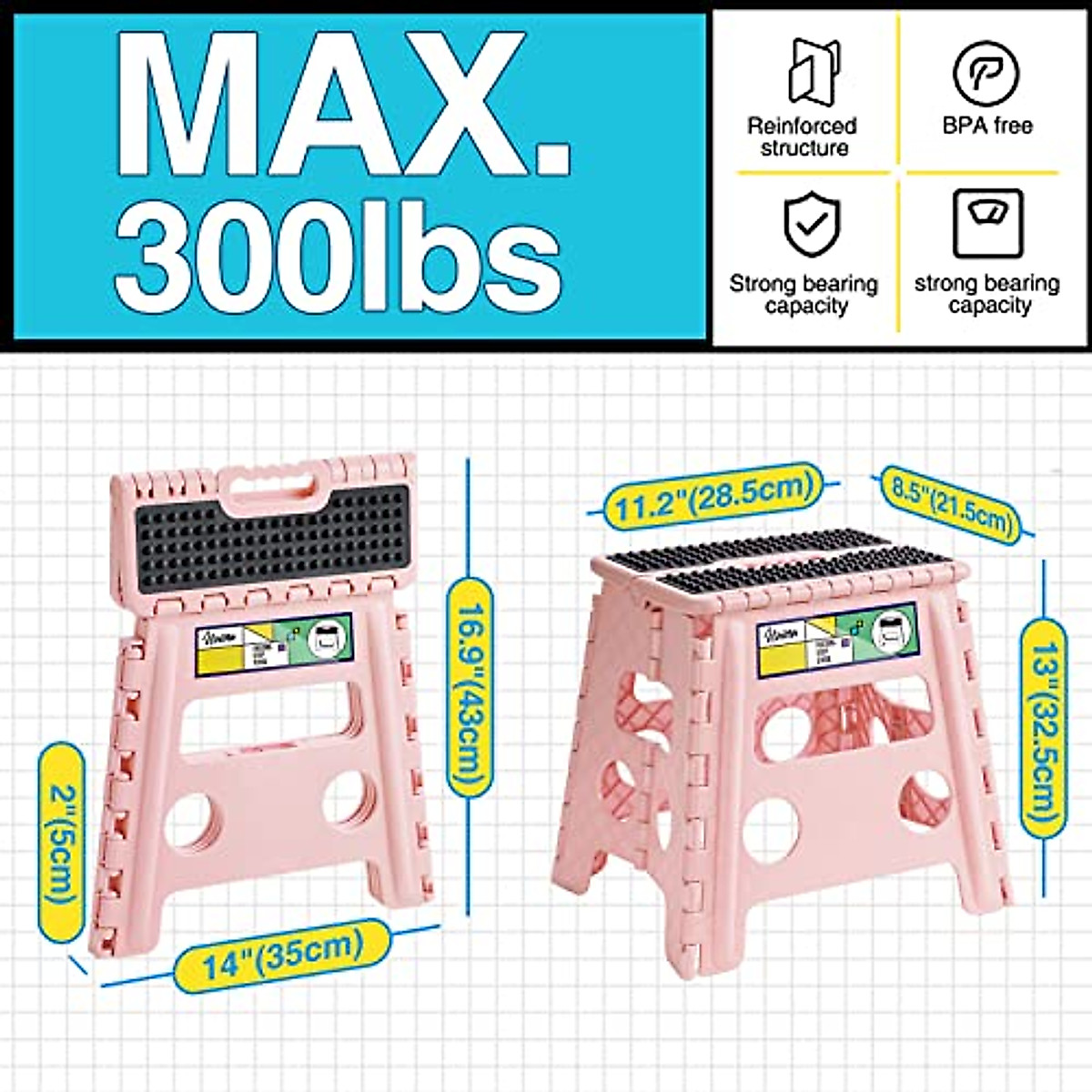 Uinicor 13" Folding Step Stool for Adults and Kids Holds Up to 300 lbs,Non-Slip Folding Stools with Handle, Compact Plastic Foldable Step Stool for Bathroom,Bedroom, Kitchen,Sakura Pink 1pc