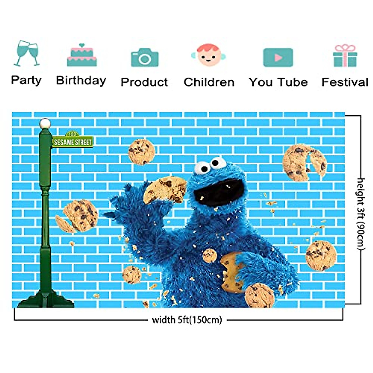 MEDSOX Cookie Monster Backdrop for Birthday Py Supplies 5x3ft Coon Banner Street Decorations