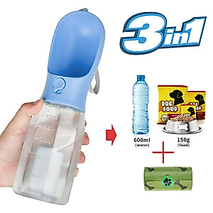 AVELORA Dog Water Bottle with Food Container, Portable Pet Dog Water Dispenser for Outdoor Walking,Hiking,Travel,Puppy essentials,Puppy supplies,Replaceable Waste Bags