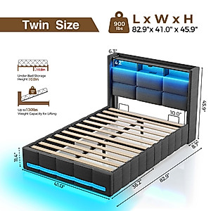 Rolanstar Bed Frame Twin Size with Lift Up Storage, Charging Station & LED Lights, Upholstered Storage Headboard, Heavy Duty Wooden Slats, No Box Spring Needed, Noise Free, Easy Assembly, Dark Grey