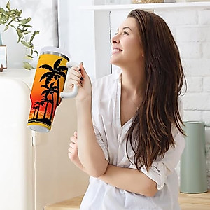 DIGTIA Stainless Steel Insulated Tumbler w/Handle & Straw, Sunset Trees Double Wall Vacuum Travel Coffee Mug Cup w/Lid, Leak-Proof Sports Seabirds Water Bottle,40oz