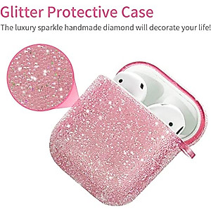 Bling Airpods Case, Cute Glitte Diamond Airpod 1st/2rd Case Cover for Girls Women, Rhinestone Airpods Protective Case with Keychain, Scratch Proof and Drop Proof (Pink)