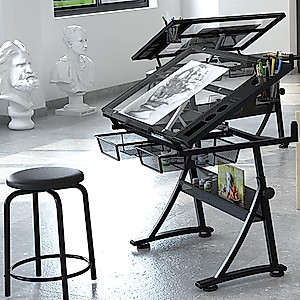 EESHHA Drawing Table Adjustable Glass Drafting Table,Versatile Art Study Table,with Storage Drawers,Art Studio Design Sketching Painting Work Station