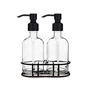 Rail19 Glass Hand and Soap Dispenser Set with Metal Pump - Includes Metal Caddy, 8oz (Cali Black)