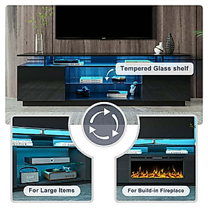 DMAITH Black LED TV Stand for 65 70 75 Inch TV, Modern High Gloss Gaming Entertainment Center with Large Storage Cabinet, TV Media Center with Display Glass Shelves for Living Room, Bedroom