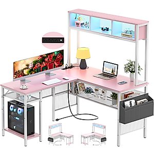 Unikito L Shaped Computer Desk with LED Strip and Power Outlets, Reversible L-Shaped Corner Desk with Storage Shelves and Bag, Industrial Home Office Desk Gaming Table with USB Port, Pink