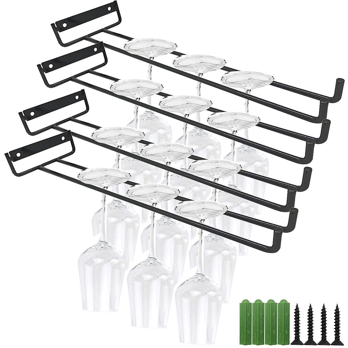 TIHOOD 4PCS 11.8 Inch Stemware Wine Glass Hanging Rack with Screws, Wall Mount Wine Glass Holder Hanger Storage, Metal Organizer for Bar Kitchen, Under Cabinet