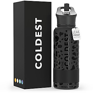 Coldest Sports Water Bottle with Straw Lid Vacuum Insulated Stainless Steel Metal Thermos Bottles Reusable Leak Proof Flask for Sports Gym(32 oz, Black Leopard)